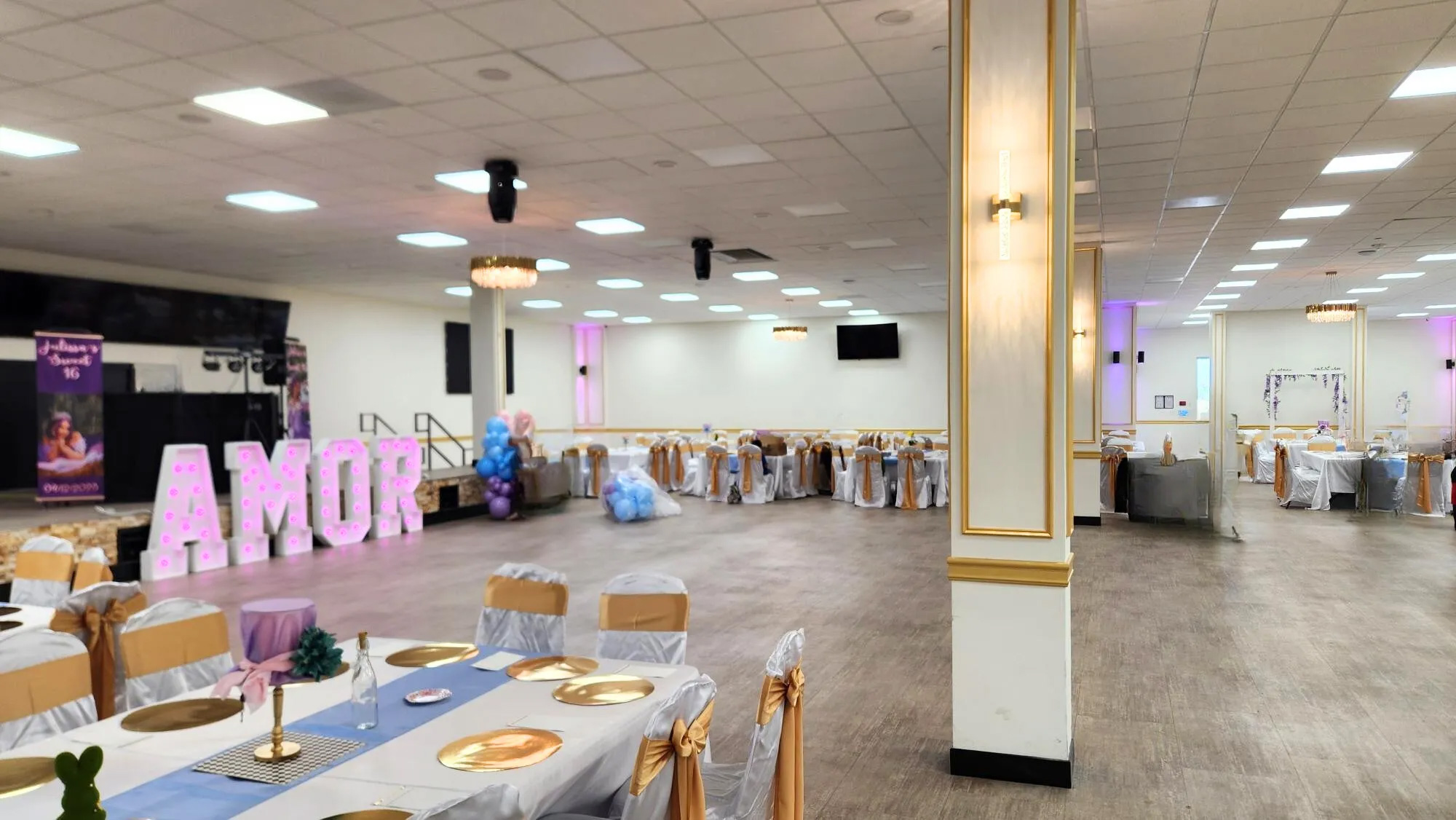 Golden Ballroom Decorated for Sweet 16
